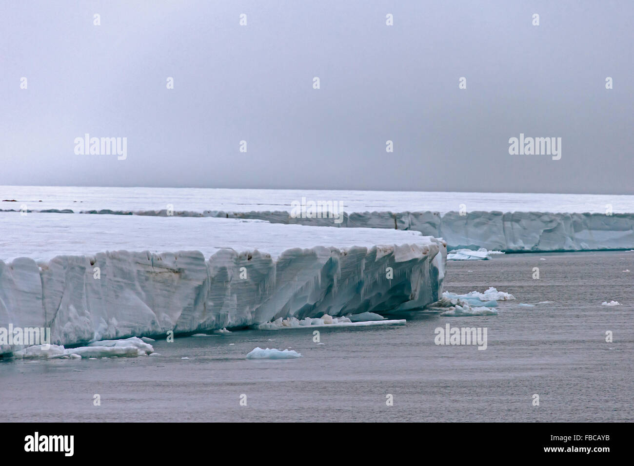 Ice wall of the Brasvellbreen glacier debouching into the Arctic Ocean ...