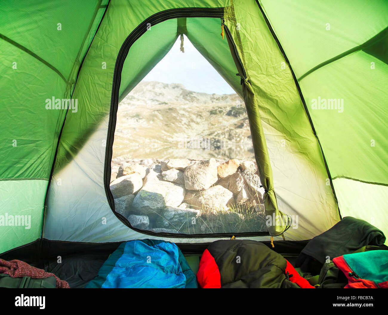 Mountain Camping Tent View from the Inside with Sleeping Bags Stock ...