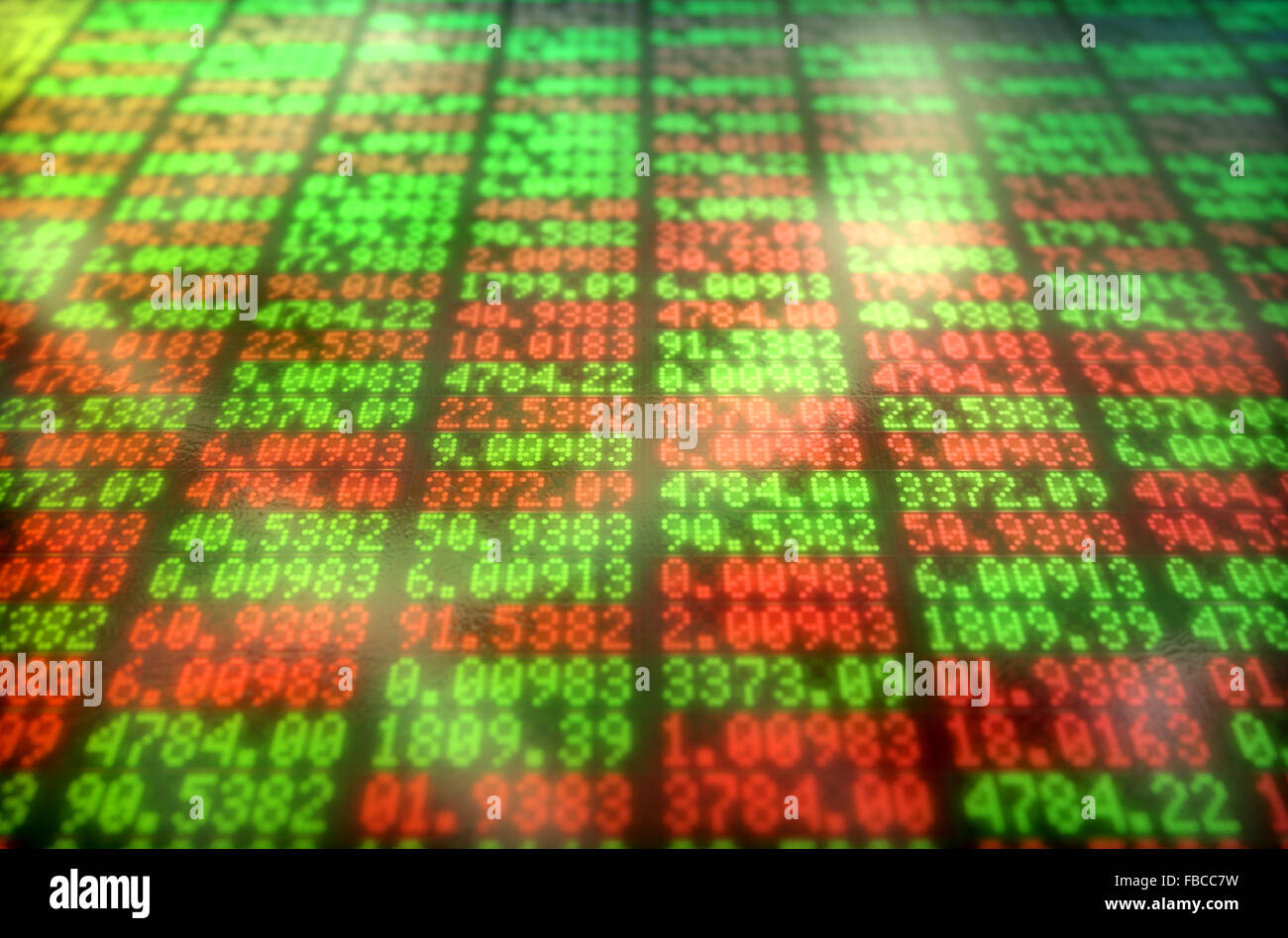 A closeup section of a digital stock market indicator board with green ...