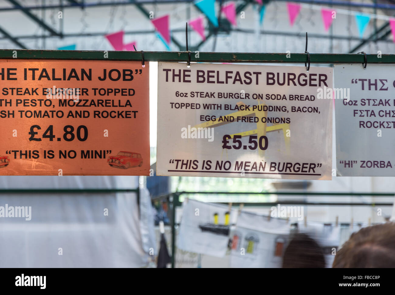The Belfast Burger for sale sign in St. George's Market in Belfast city ...