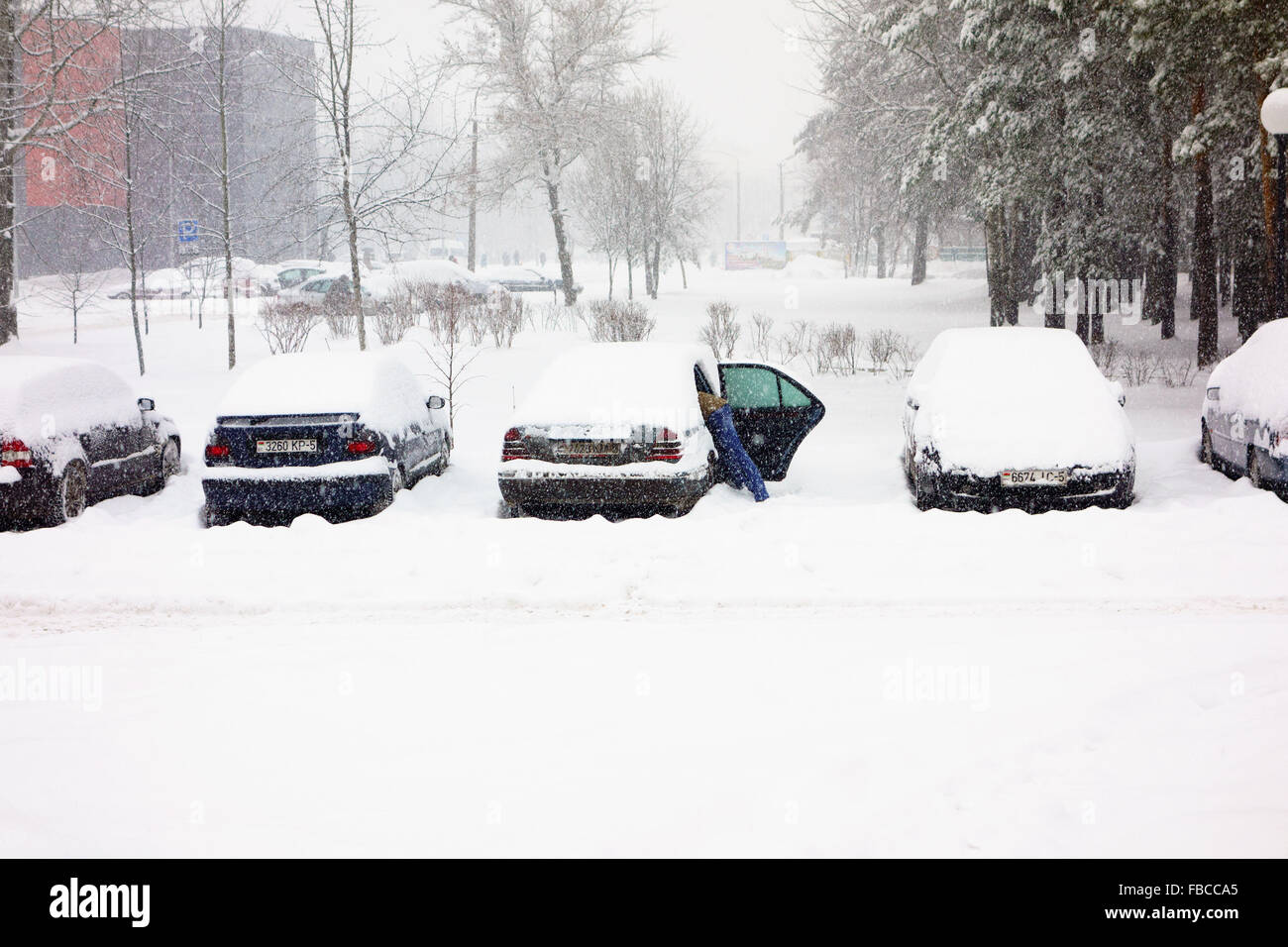 Borisov, Belarus - January 13, 2016: Natural disasters, snow storm with ...