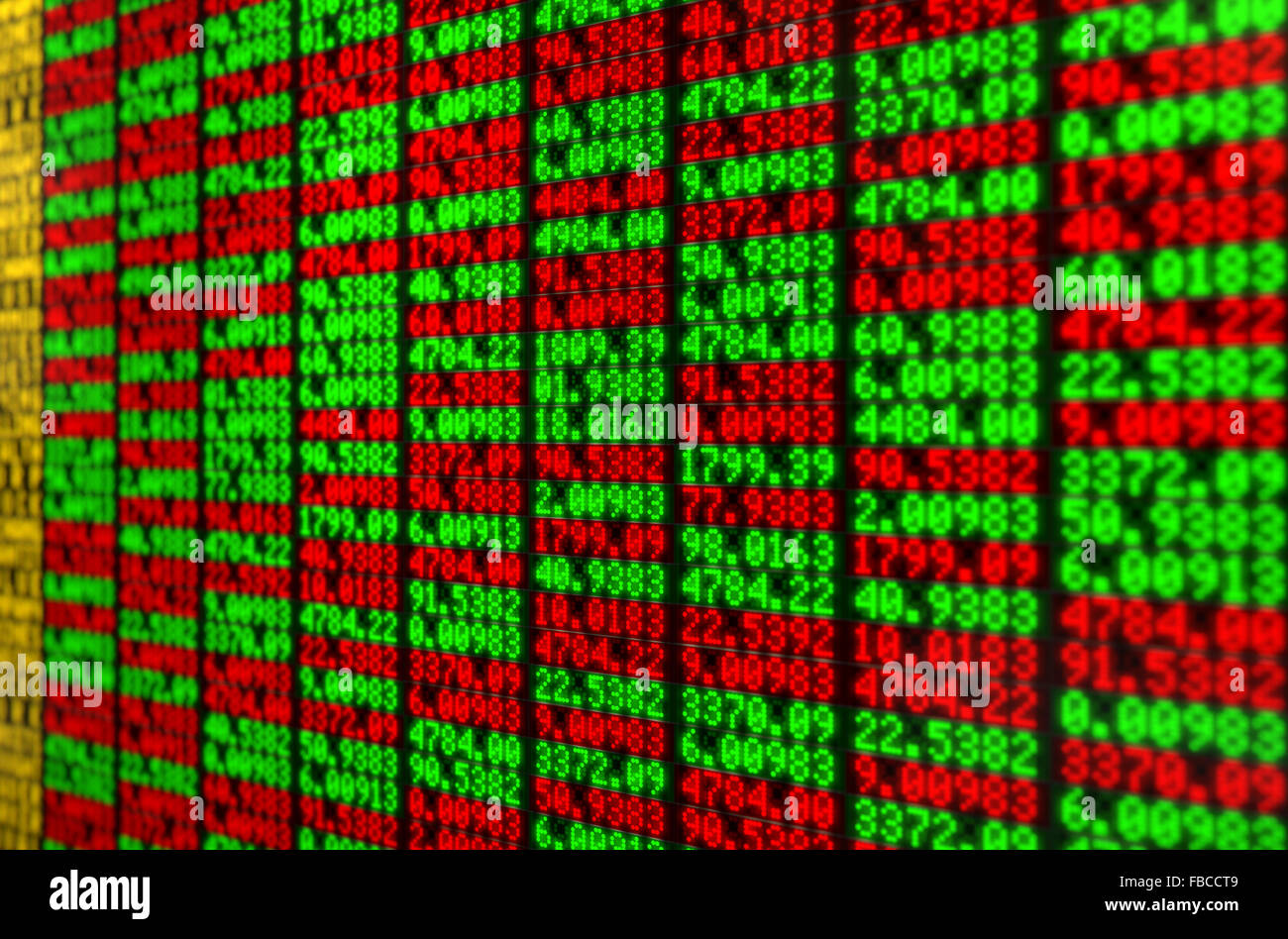 A closeup section of a digital stock market indicator board with green ...