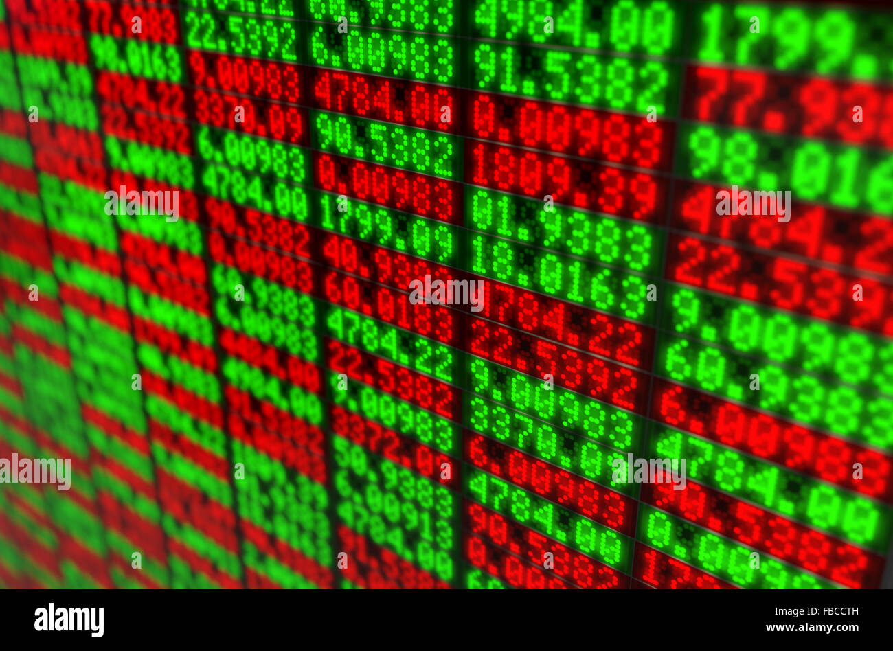 A closeup section of a digital stock market indicator board with green ...