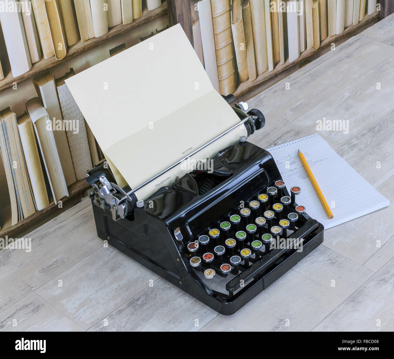 Vintage typewriter, notepad and pencil on old shabby wood effect ...