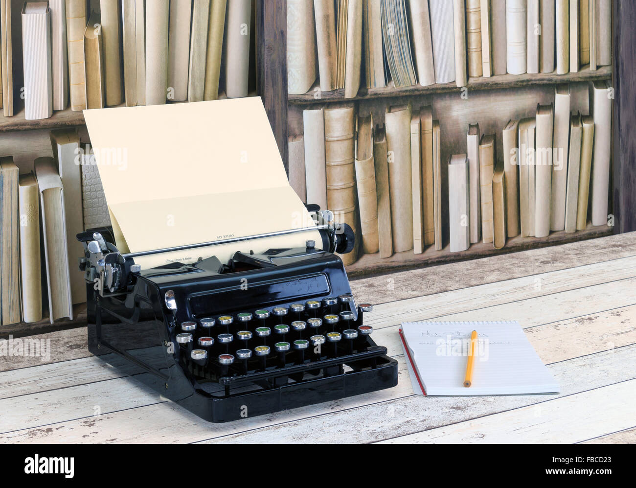 Vintage typewriter, notepad and pencil on old shabby wood effect ...