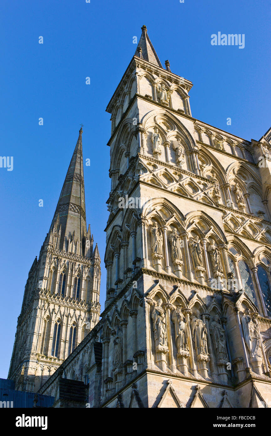 Detail of the stone carving on the west front and spire of Salisbury ...