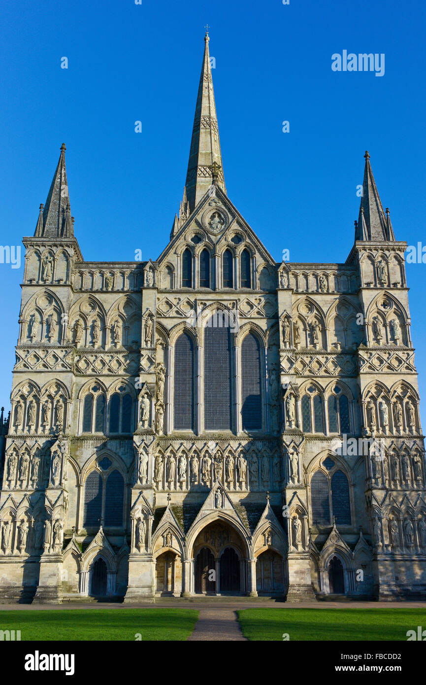 Detail of the stone carving on the west front and spire of Salisbury ...