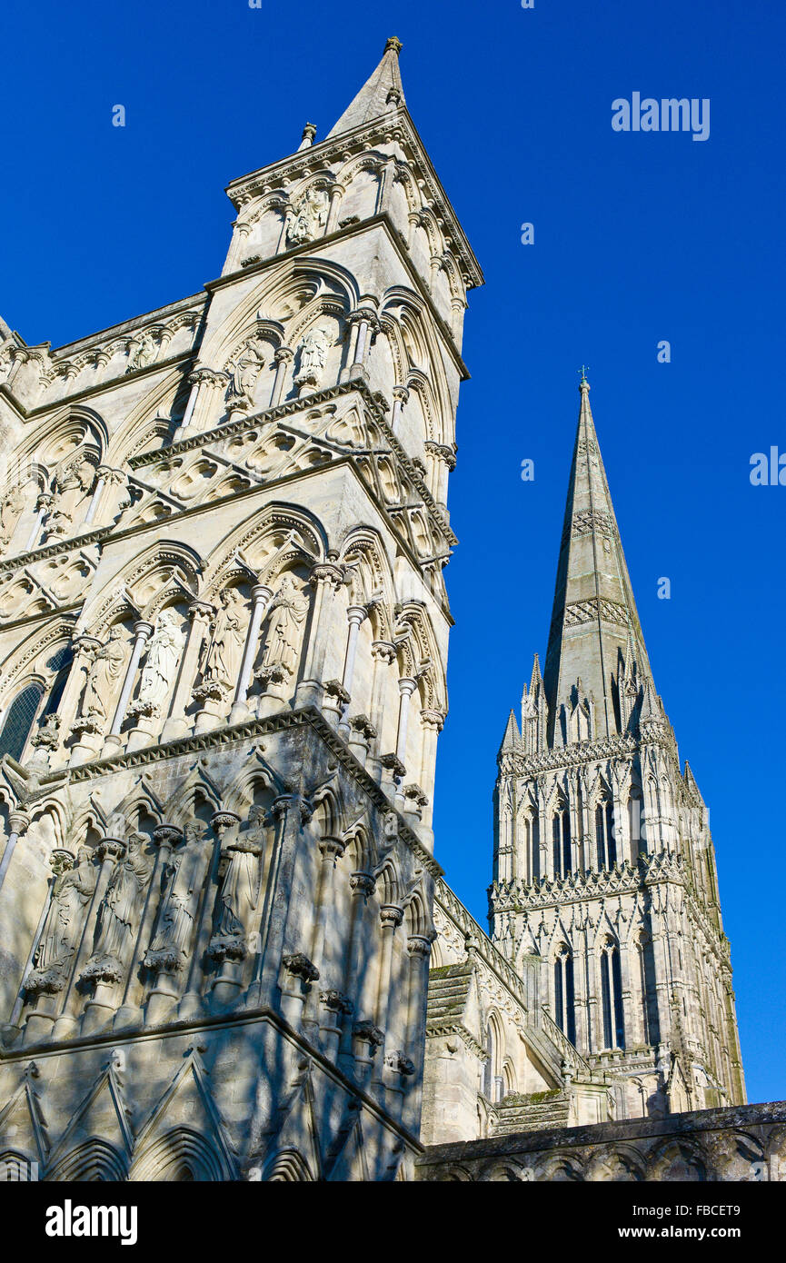 Detail of the stone carving on the west front and spire of Salisbury ...