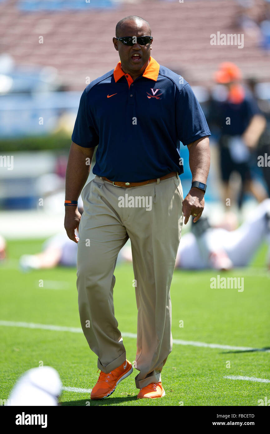 Head coach Mike London of the Virginia Cavaliers stands on the field ...