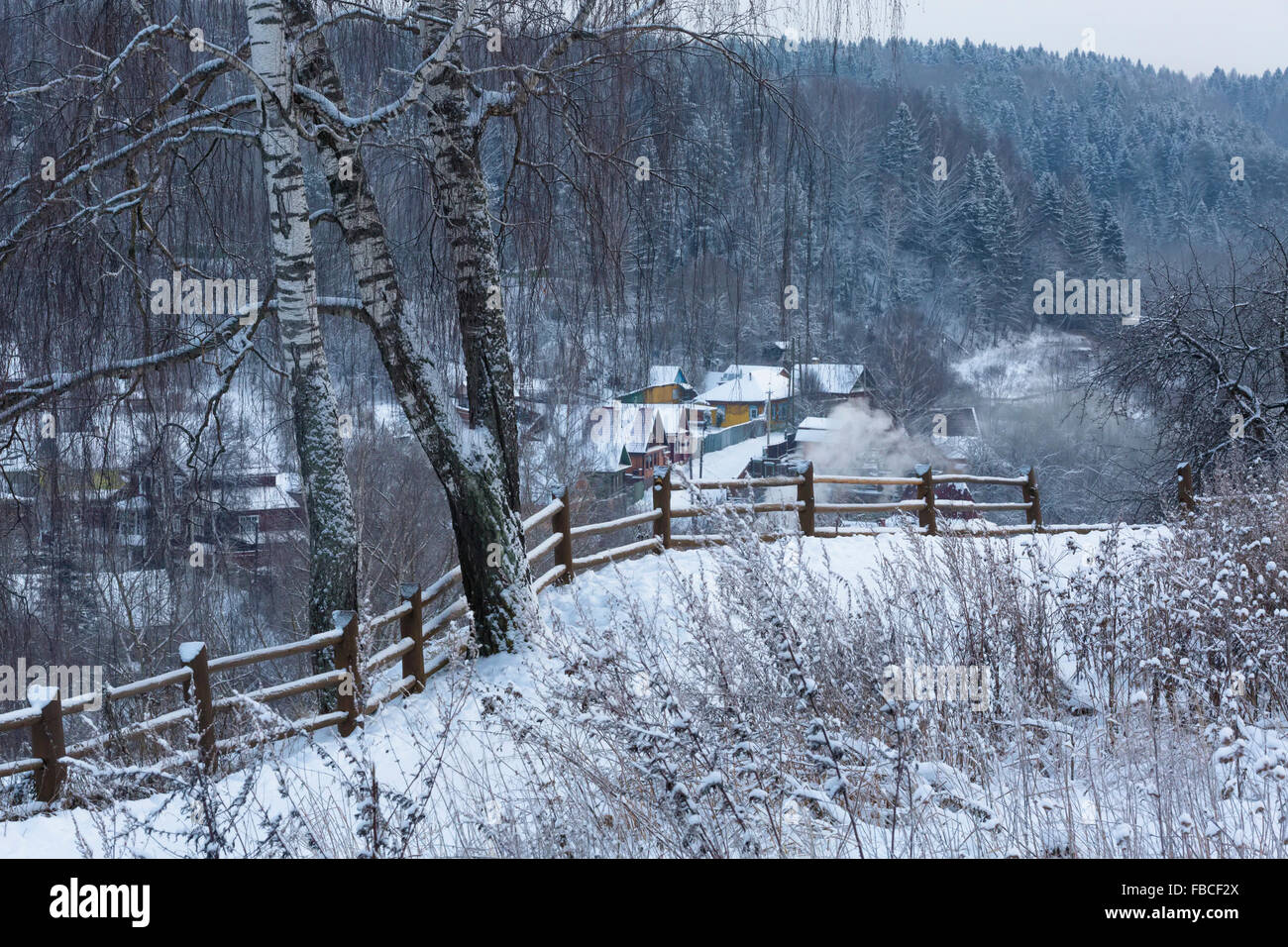 Colorful rural landscape with field, frosty trees and village Stock ...