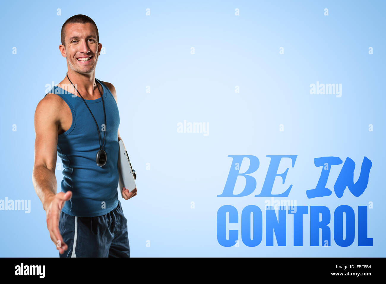 Composite image of happy personal trainer giving handshake Stock Photo ...