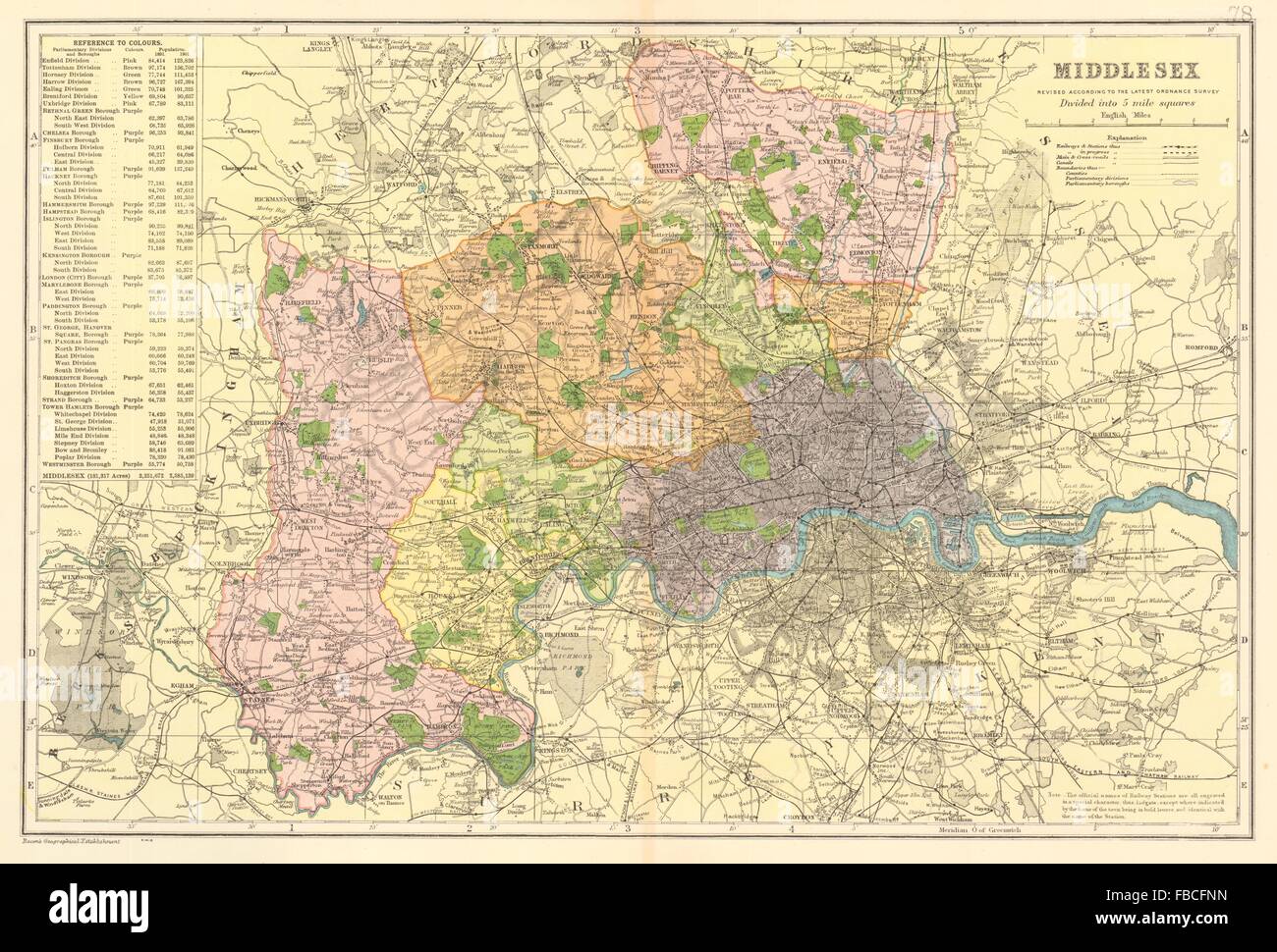 MIDDLESEX & LONDON county map.Parliamentary constituencies.Railways ...