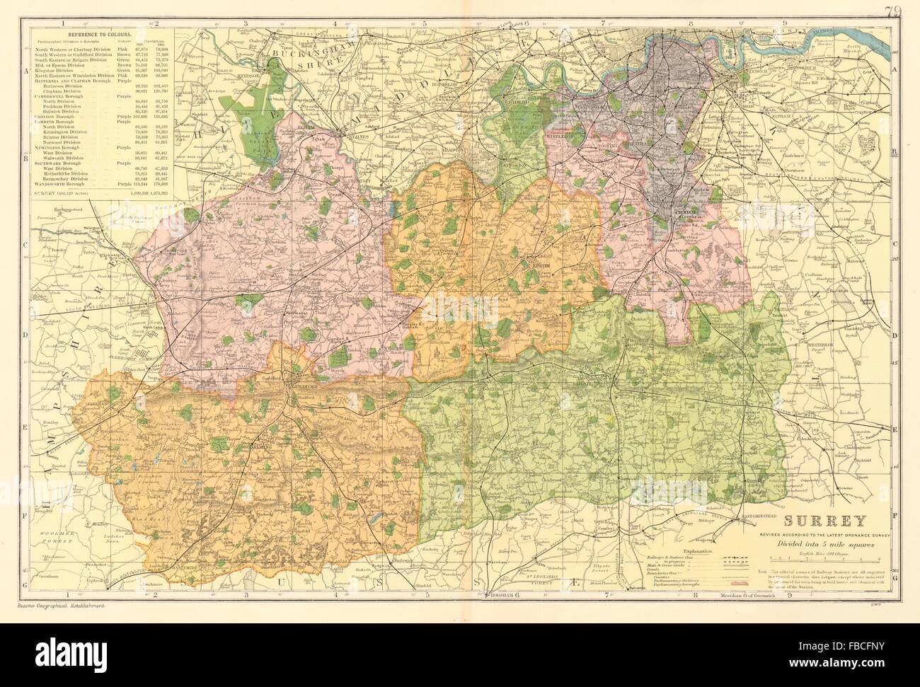 SURREY county map. Parliamentary constituencies divisions. Railways ...