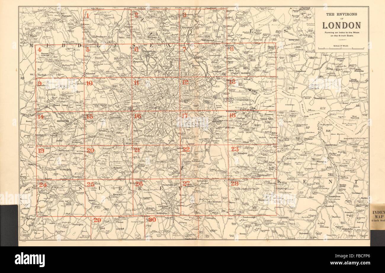 GREATER LONDON ENVIRONS: General Index map to 4 inch scale maps. BACON ...