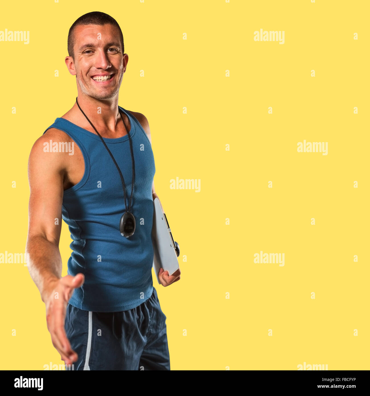 Composite image of happy personal trainer giving handshake Stock Photo ...