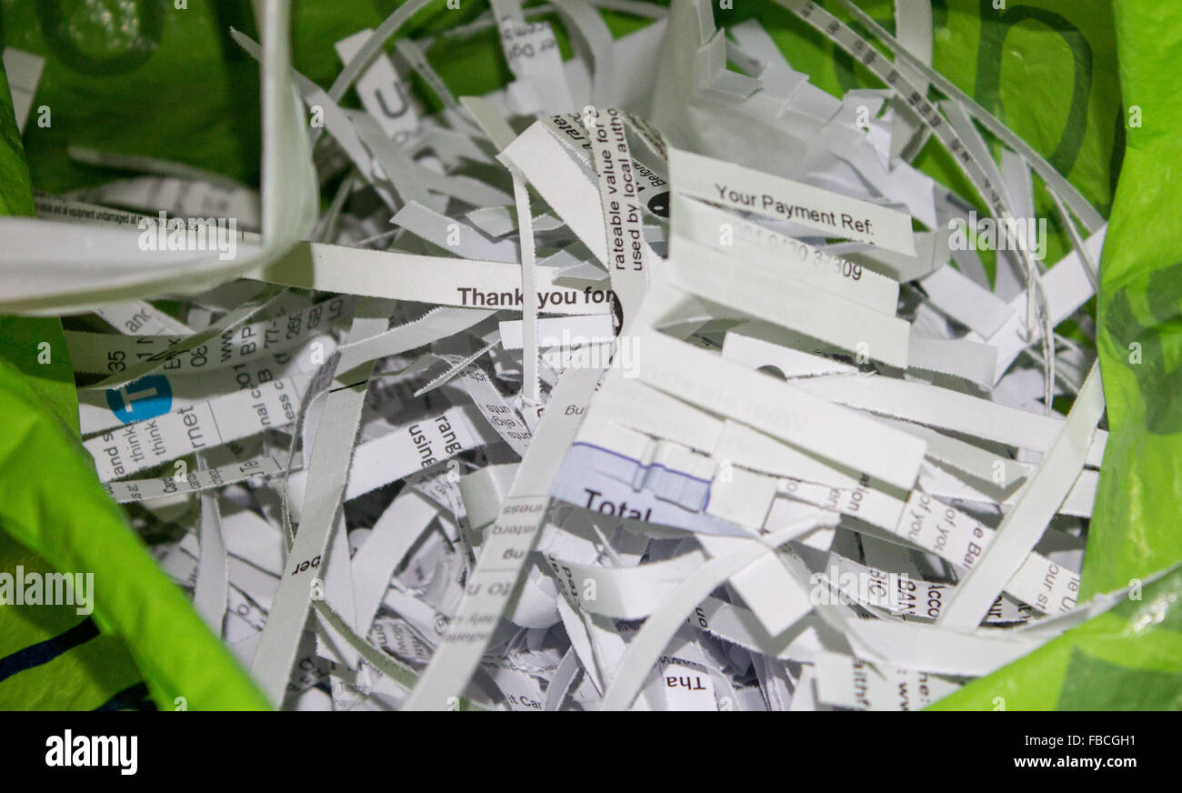 Shredded paper bills and paperwork in a green bag ready to be recycled ...