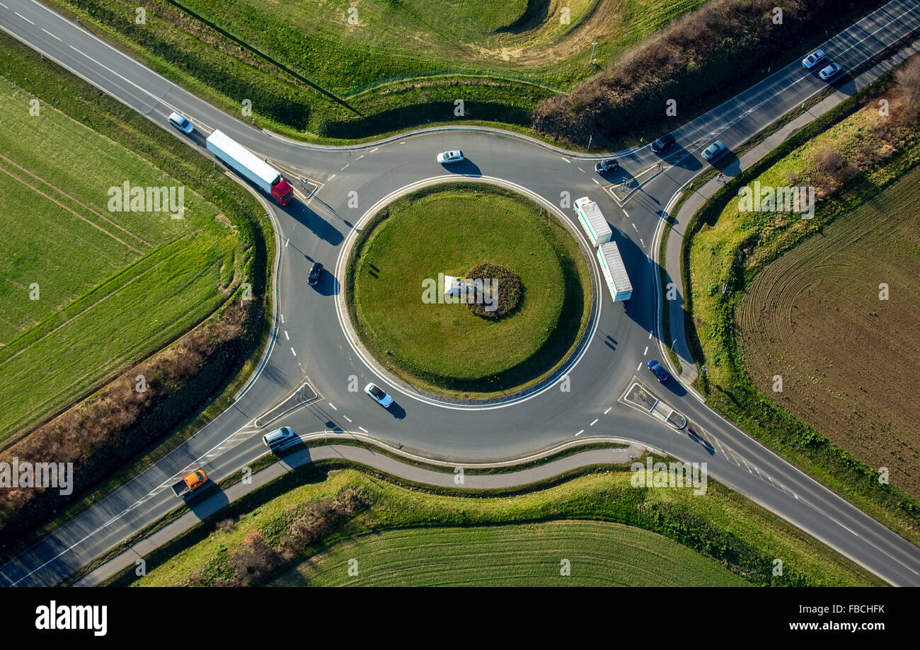 Aerial view, roundabout with four exits, truck, green center, lion ...