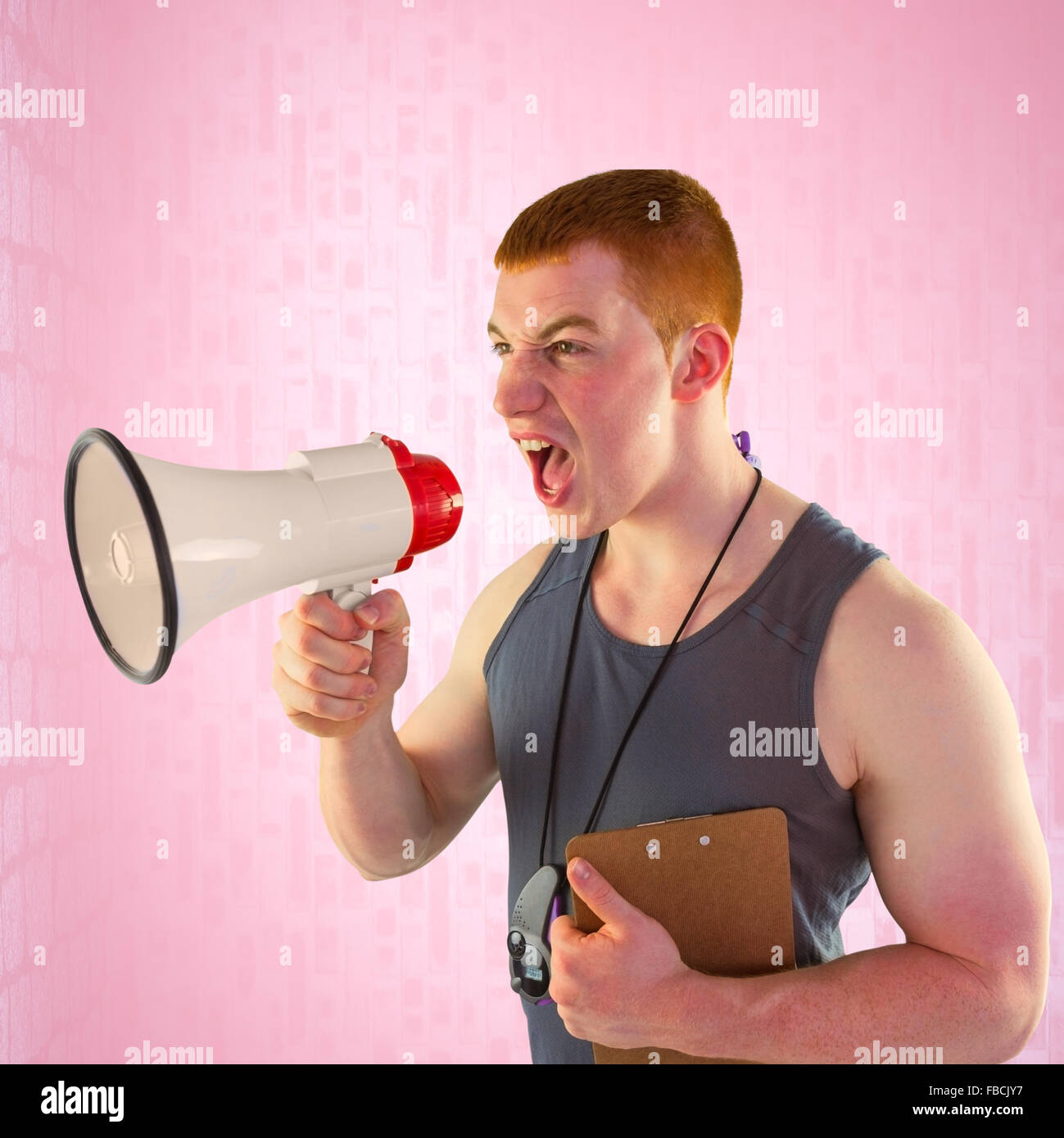 Composite image of angry personal trainer yelling through megaphone ...