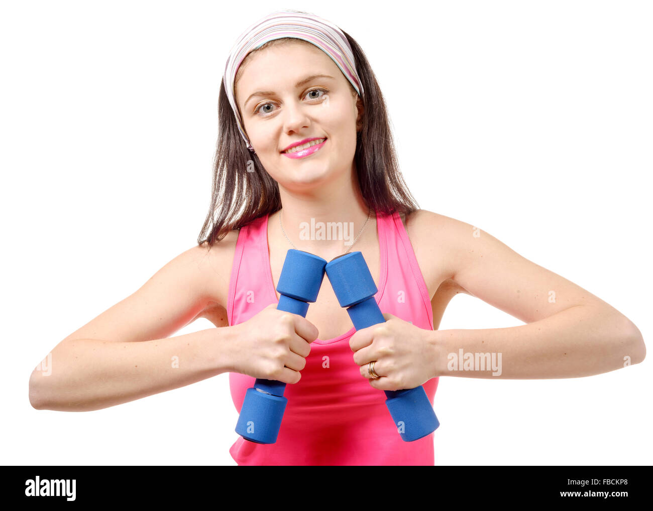 a portrait of pretty sporty girl holding weights isolated on white ...