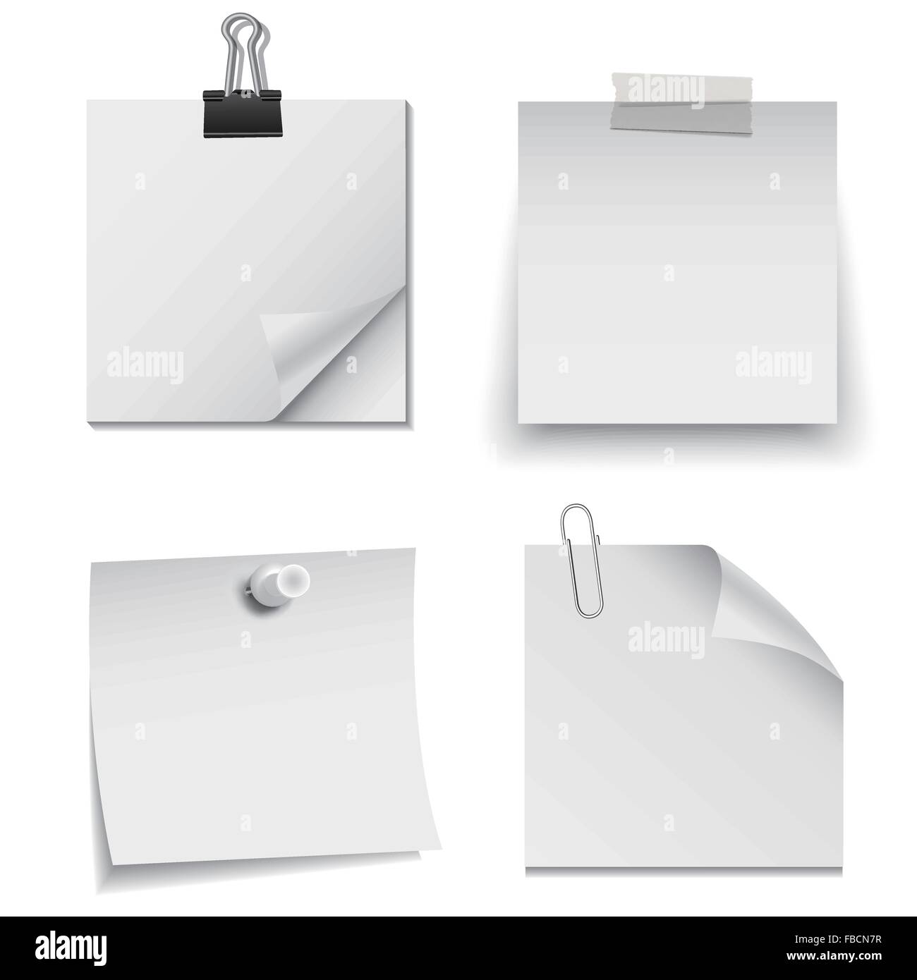 Set of white paper notes with paper clip, tape, and pin Stock Vector ...
