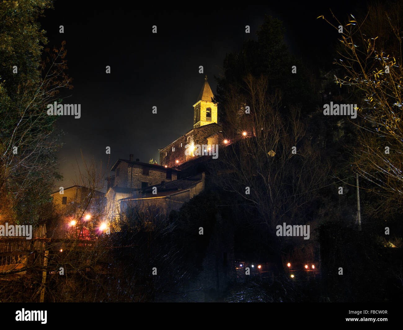 Misty evening view of the spa village of Equi Terme, north Tuscany ...