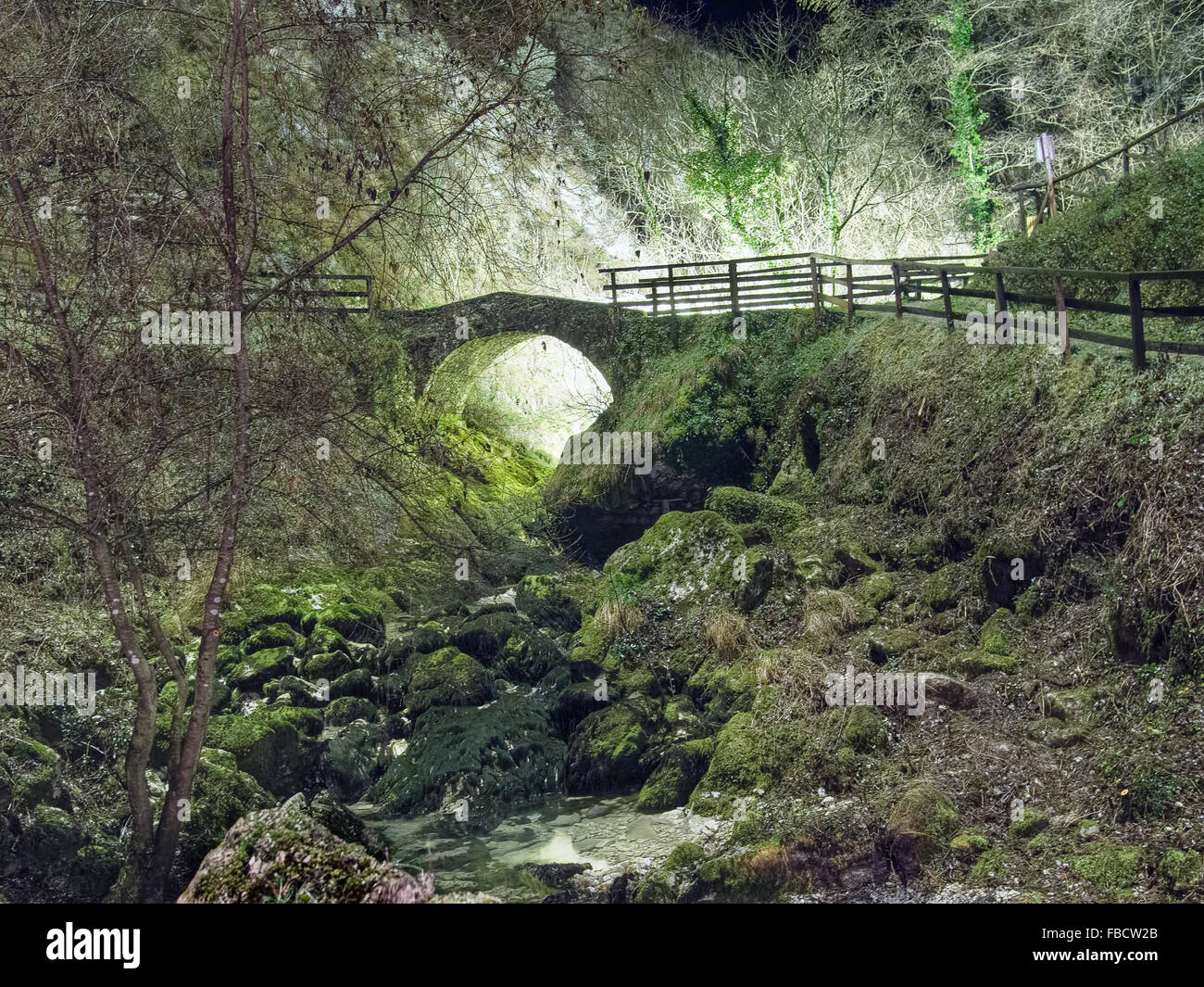 Misty night scene. Ancient bridge is countryside with stream, light ...