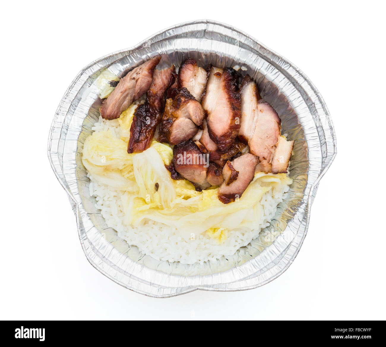 top view fast food of barbeque pork with rice on white with clipping ...