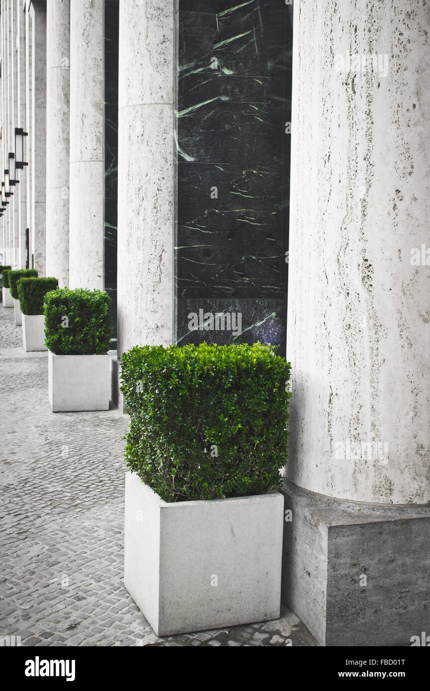 Large stone pillars and sculpted plants outside an urban building Stock ...