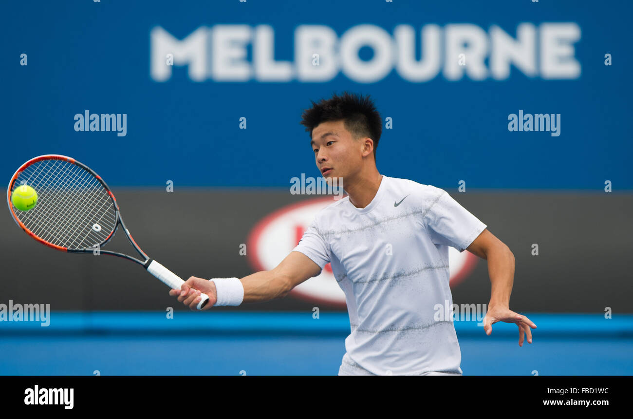 Melbourne, Australia. 15th Jan, 2016. Wu Di of China returns the ball ...