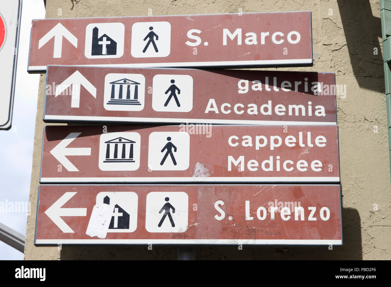 Street sign pointing the way to various famous sites in Florence, Italy ...