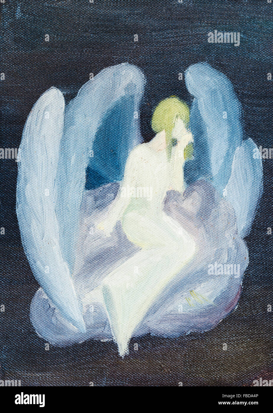 child's painting - oil painted white angel on cloud in black night sky ...
