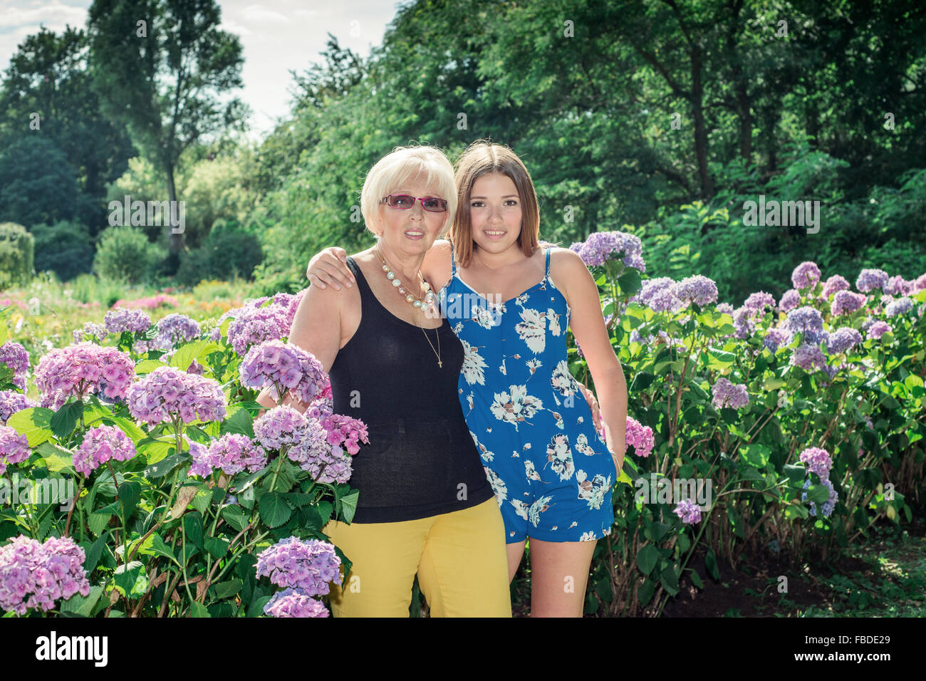 Two women of different generations standing near flowers hydrangeas ...