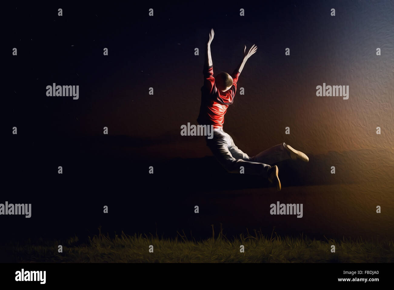 Happy boy, teenager jumping on a night sky background. Outdoor exciting ...