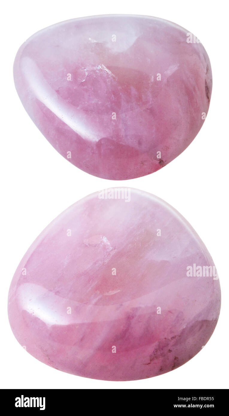 natural mineral gem stone - two rose quartz gemstones isolated on white ...
