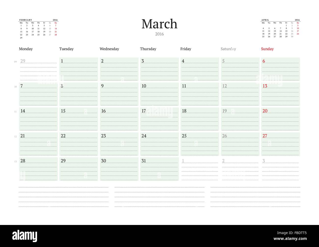 Monthly Calendar Planner 2016. Vector Print Template. March. Week ...