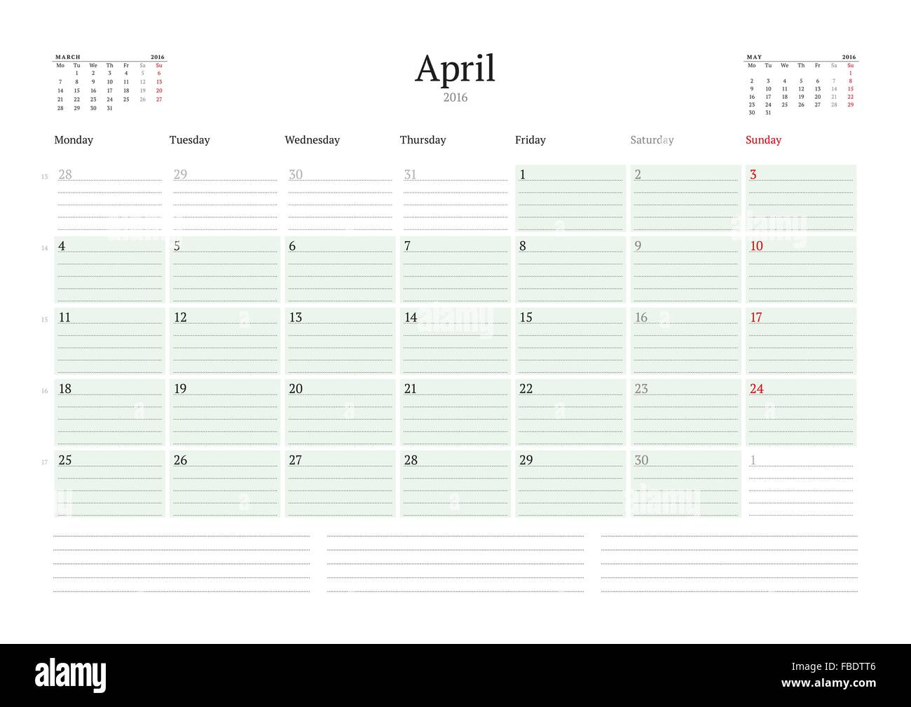 Monthly Calendar Planner 2016. Vector Print Template. April. Week ...