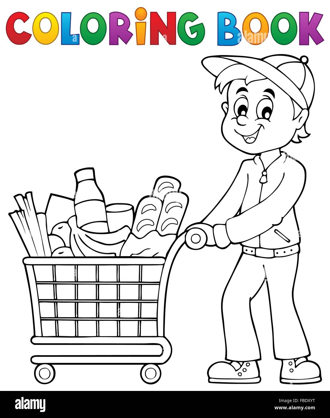 Coloring book man with shopping cart - picture illustration Stock Photo ...