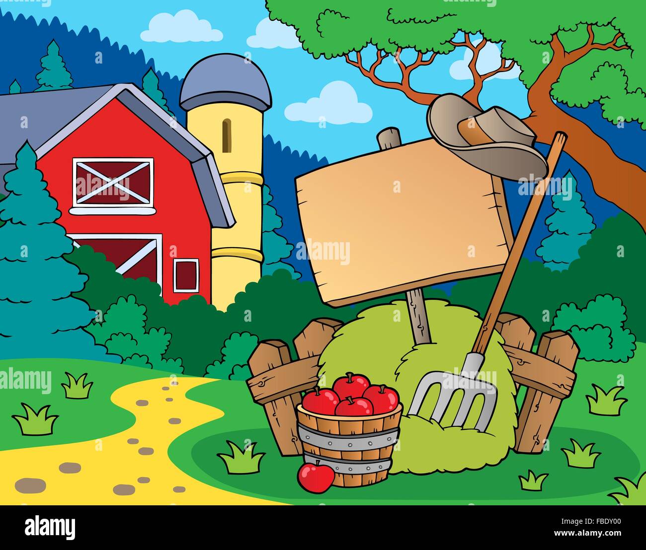 Farm theme with sign - picture illustration Stock Photo - Alamy