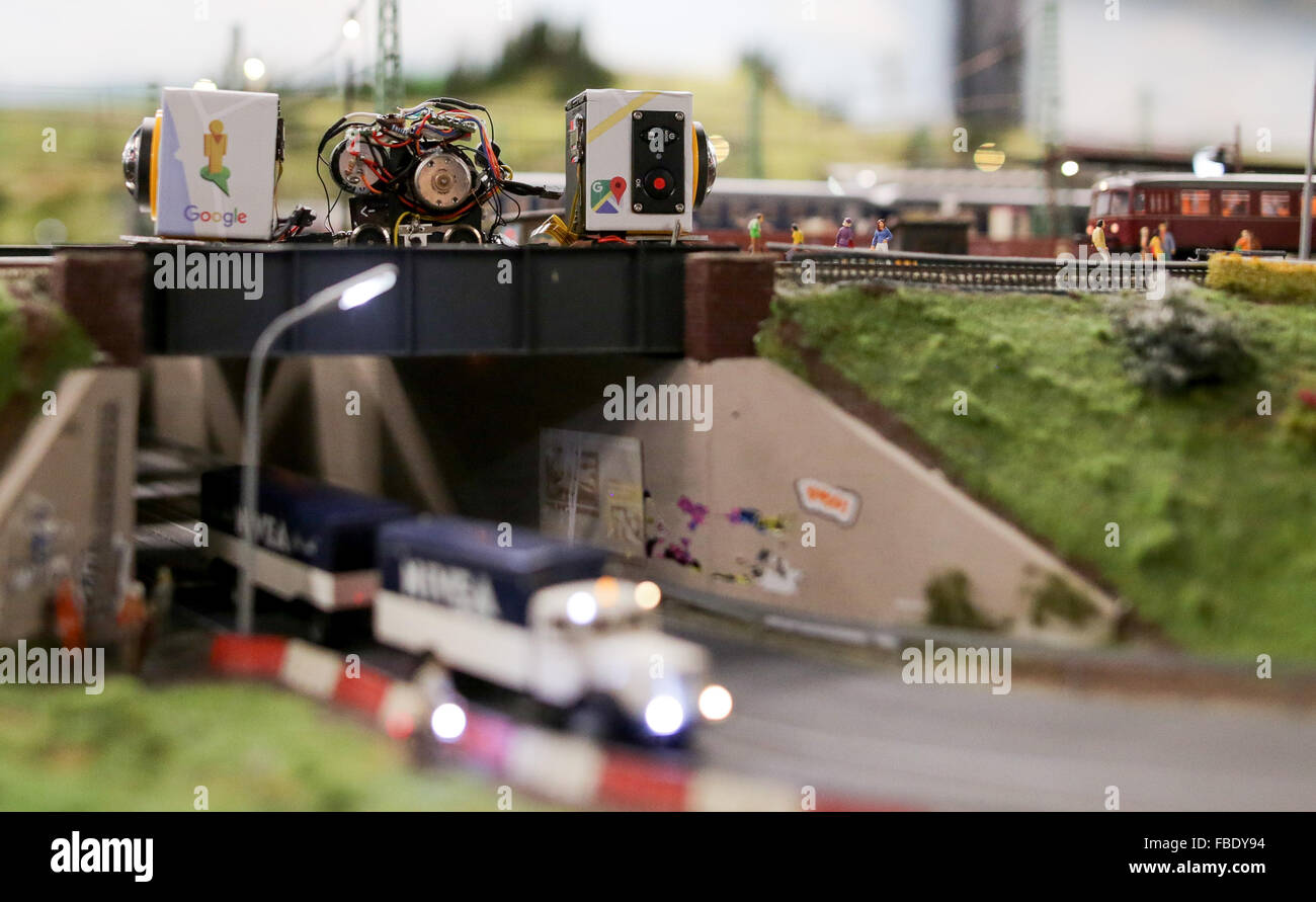 Hamburg, Germany. 13th Jan, 2016. A model train outfitted with a camera ...