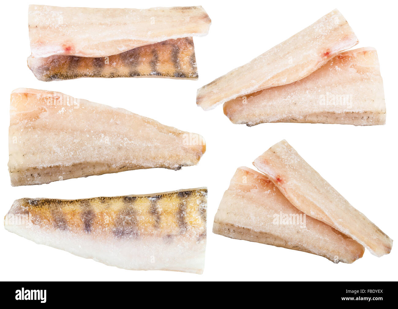 set of frozen zander (pike-perch) fish fillets isolated on white ...