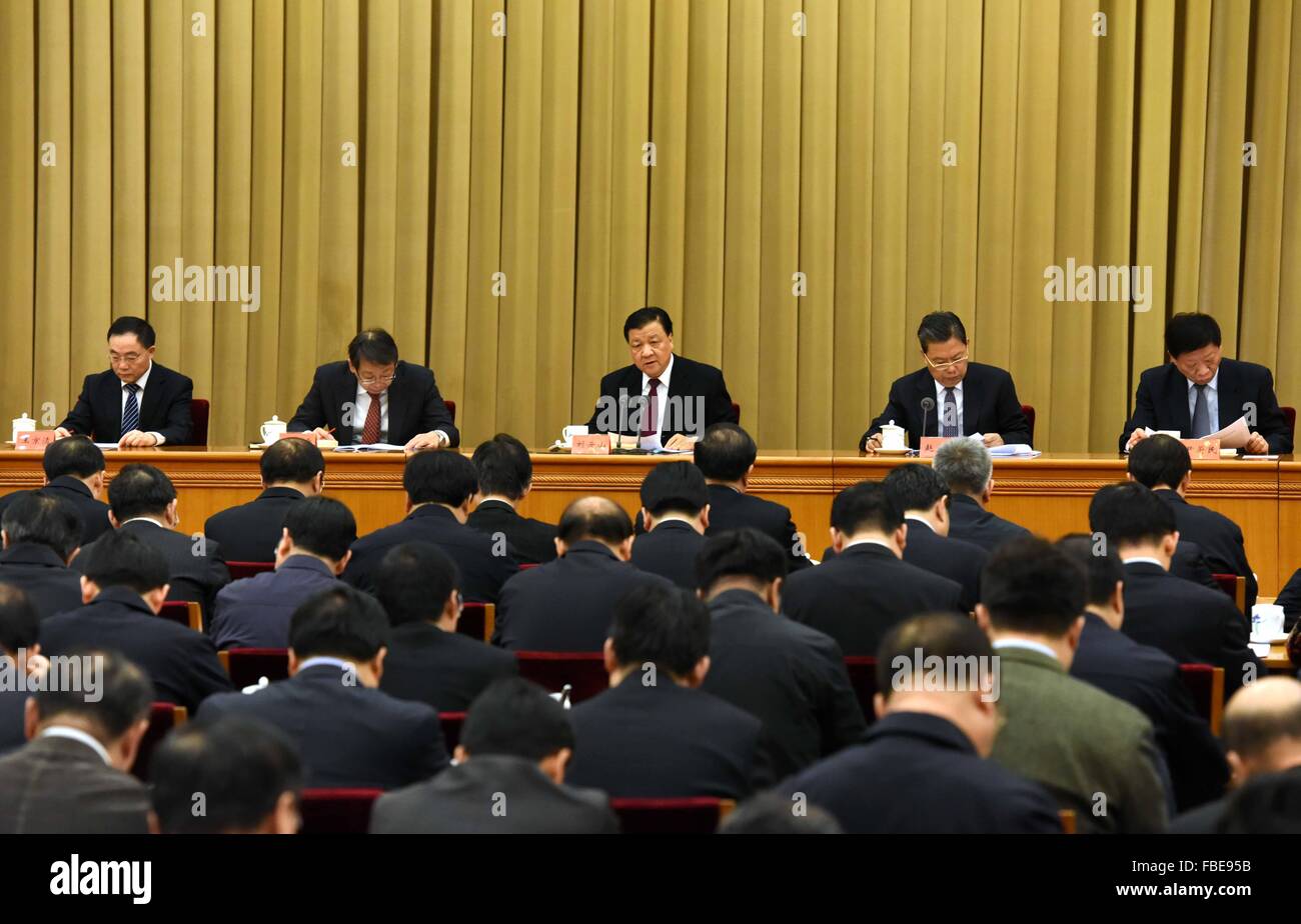 Beijing, China. 15th Jan, 2016. Liu Yunshan (back C), a member of the ...