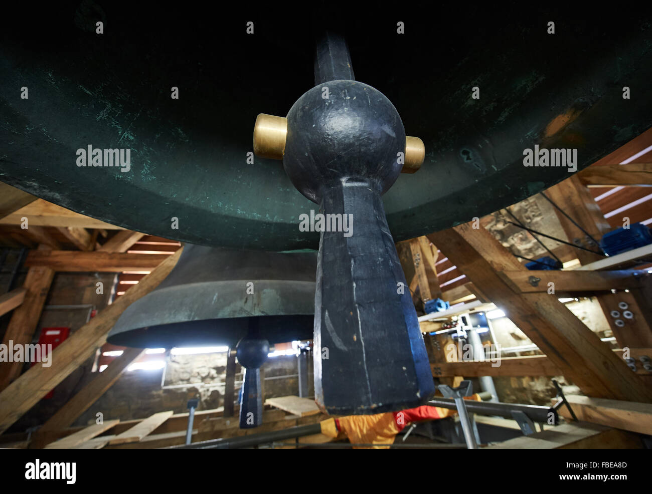 A view of massive church bells hanging from the bell tower of Muenster ...
