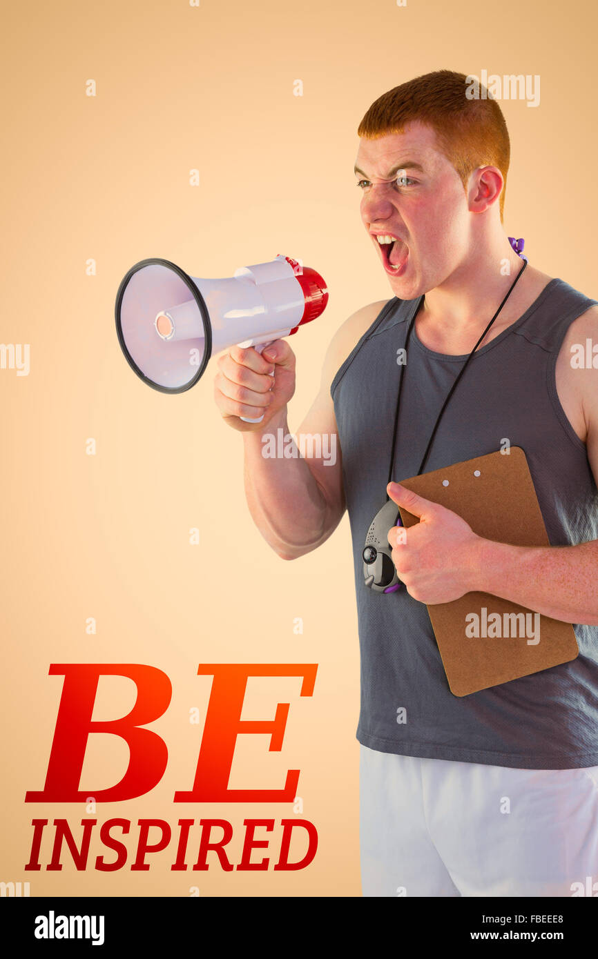 Composite image of angry personal trainer yelling through megaphone ...