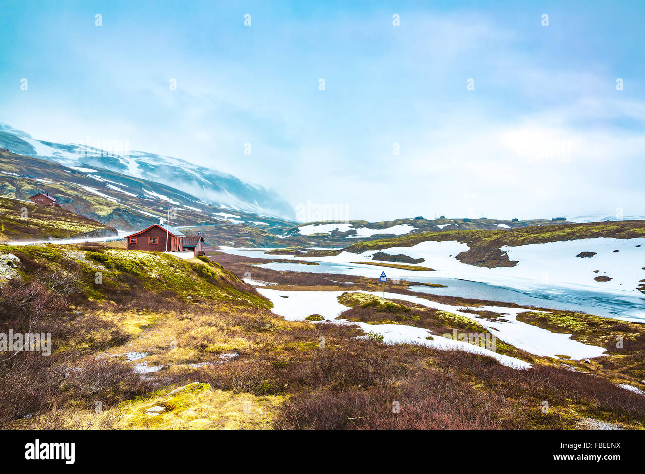 Norway landscape, a small village in inclement weather snowstorm and ...
