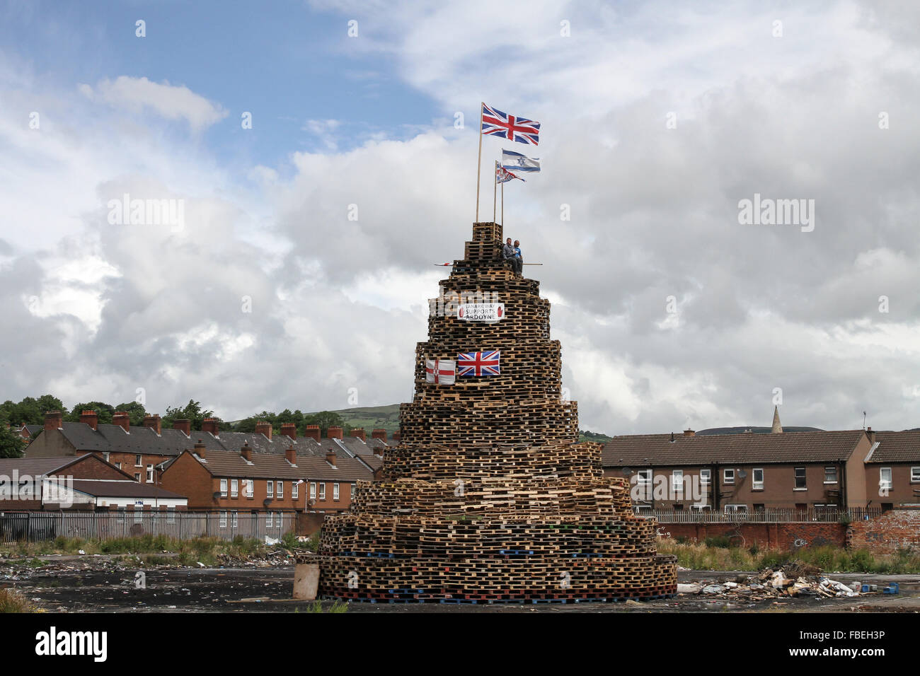 Loyalist bonfire in Lanark Way Belfast. Bonfires are traditionally lit ...