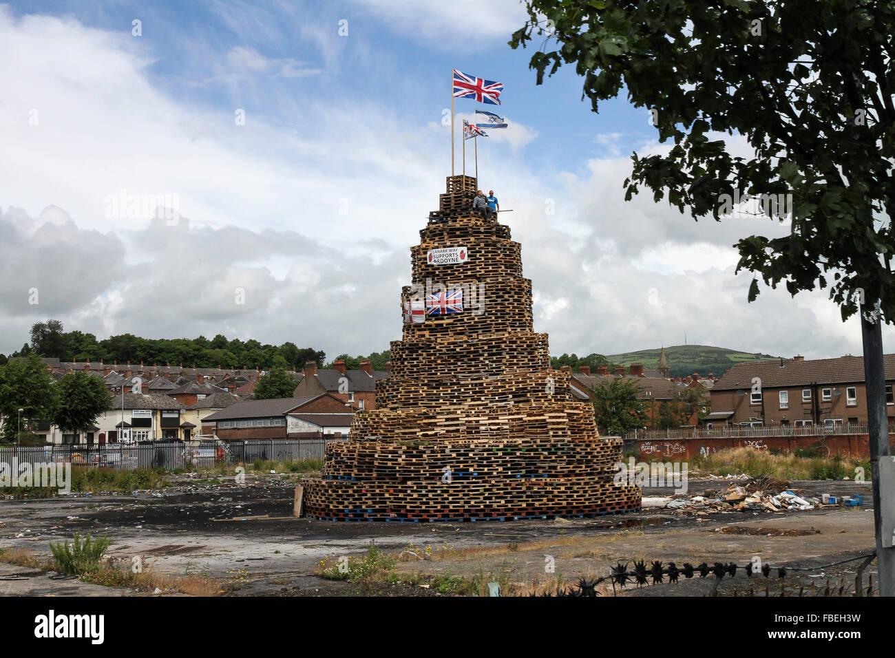 Bonfire. Flags flying on a loyalist bonfire in Belfast, Northern ...