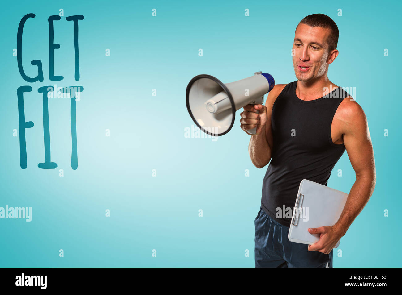 Composite image of trainer using megaphone while holding clipboard ...