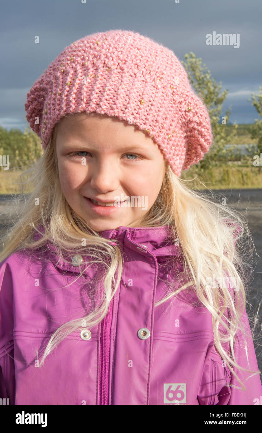 Iceland Borgarnes young 4 year old local girl in pink in West Iceland ...
