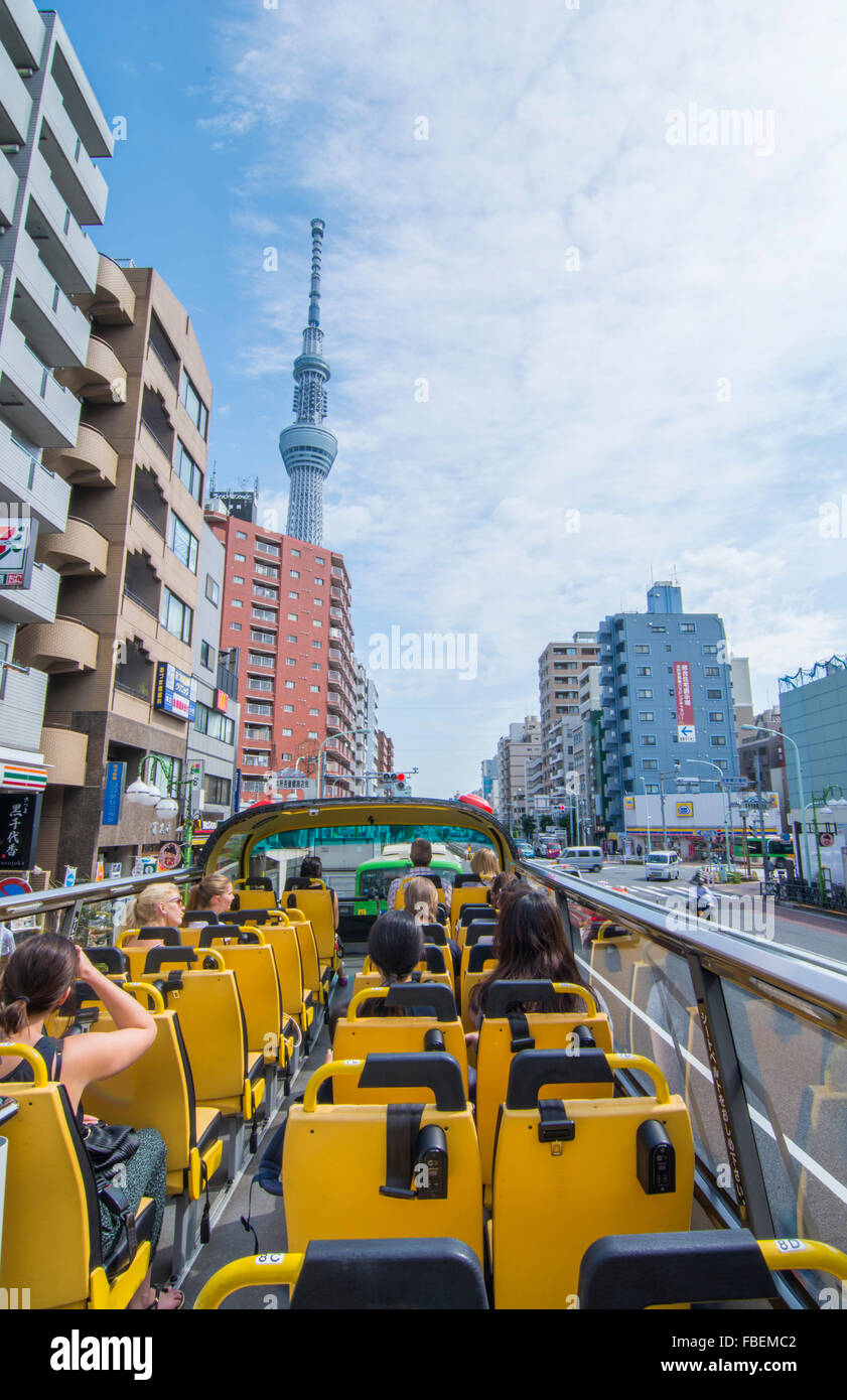Tokyo Japan tourist bus double decker in downtown taking photos of ...