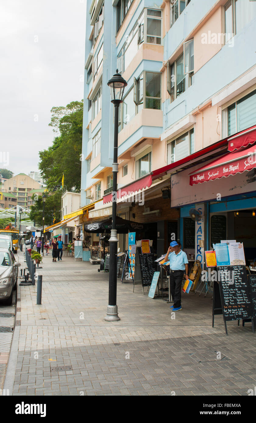 Hong Kong China town of Stanley village Promenade with bars and shops ...
